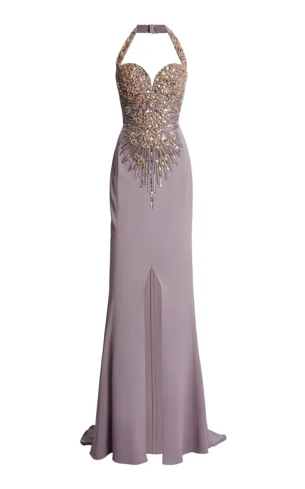 Zuhair Murad Heavy Cady Palm Leaf Embroidered Long Dress