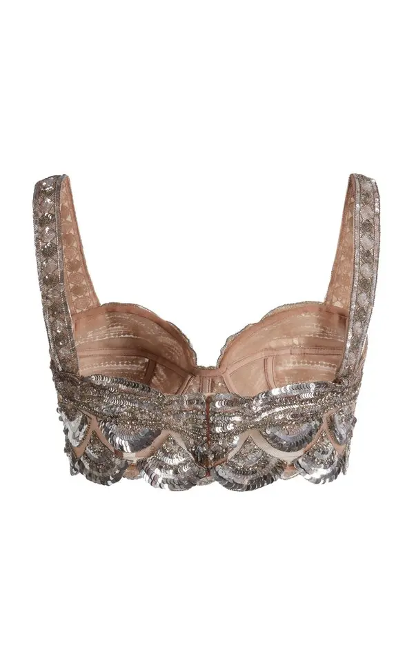 Zuhair Murad Tulle Full Sand Shell Embroidered Cropped Top