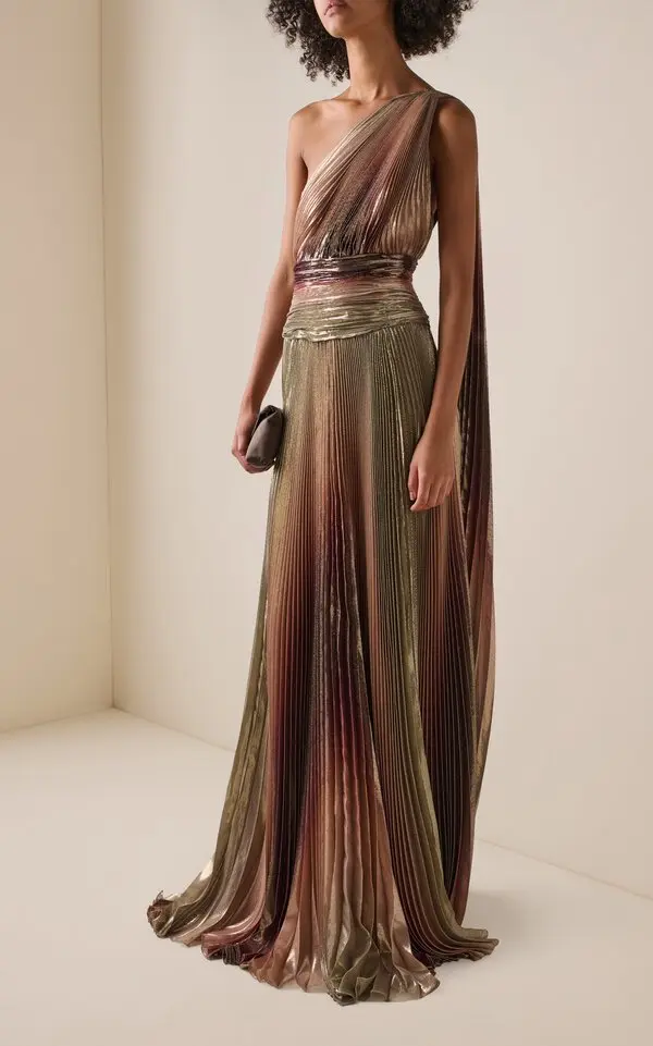 Zuhair Murad Printed Lame Pliss Mono-shoulder Long Dress