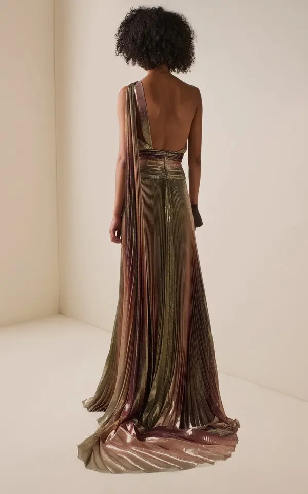 Zuhair Murad Printed Lame Pliss Mono-shoulder Long Dress