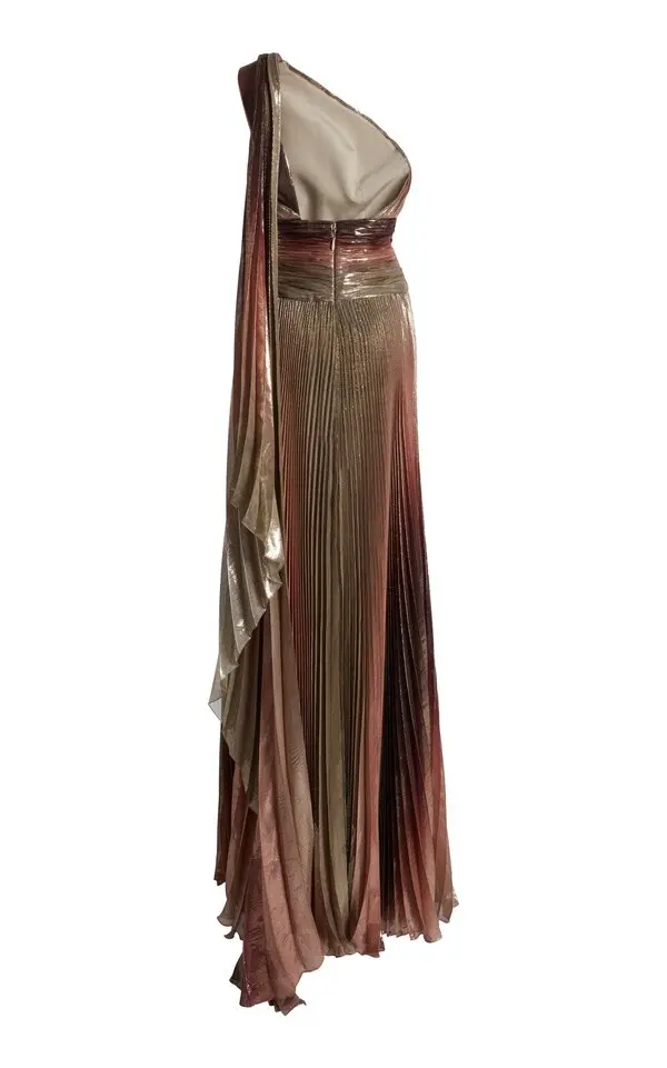 Zuhair Murad Printed Lame Pliss Mono-shoulder Long Dress
