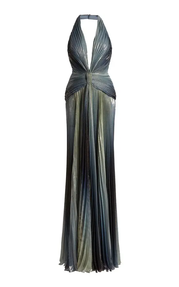 Zuhair Murad Printed Lame Plisse V-neck Long Dress