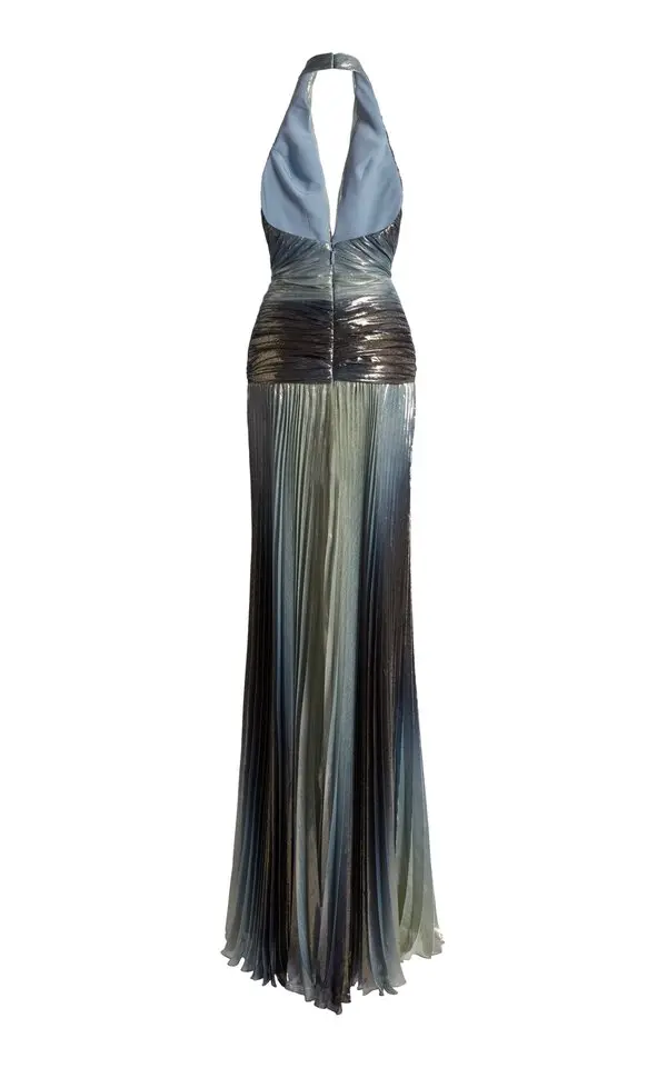 Zuhair Murad Printed Lame Plisse V-neck Long Dress