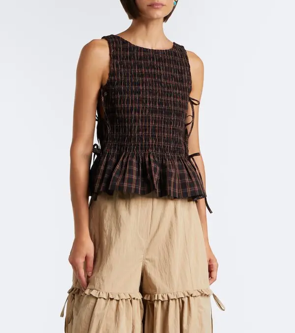 GANNI Checked Shirred Cotton Top - Brown
