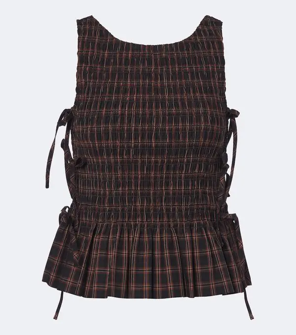 GANNI Checked Shirred Cotton Top - Brown