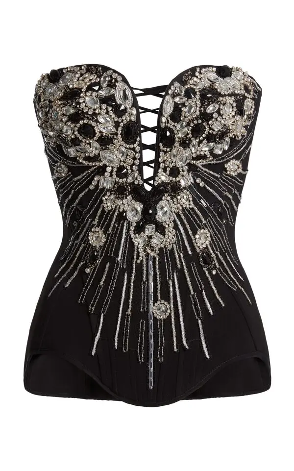 Zuhair Murad Heavy Cady Palm Leaf Embroidered Corset Top