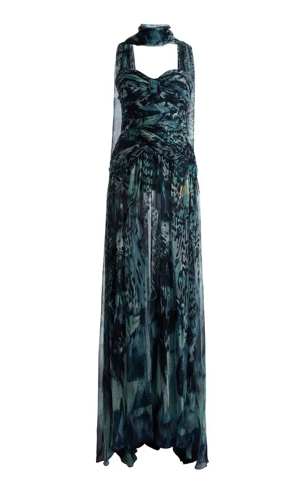 Zuhair Murad Chiffon Guppy Print Off-shoulder Long Dress