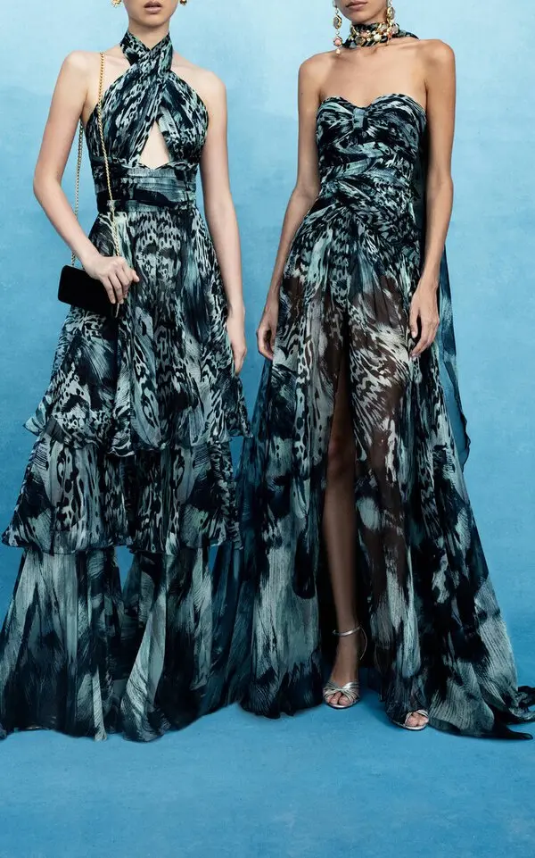 Zuhair Murad Chiffon Guppy Print Off-shoulder Long Dress