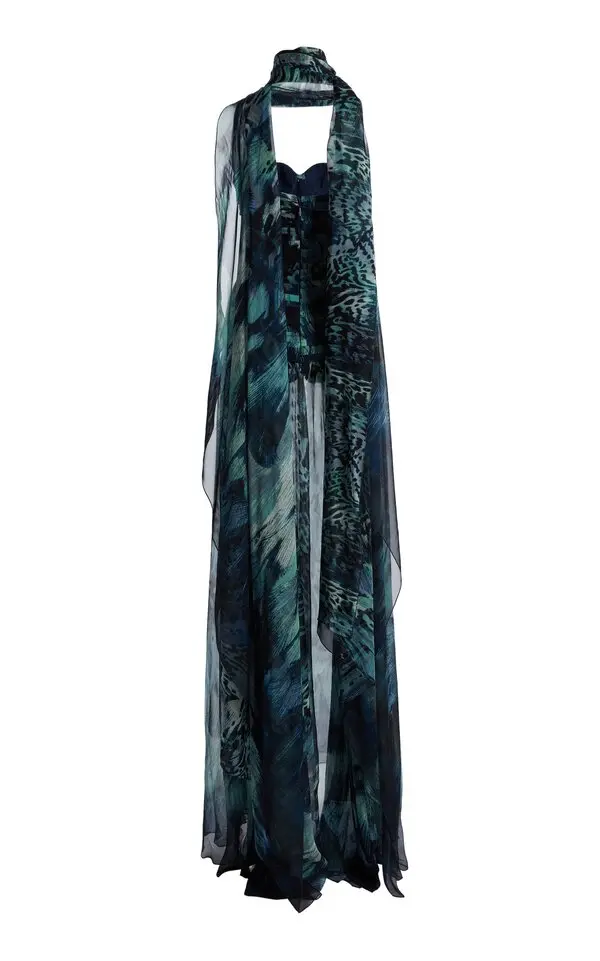 Zuhair Murad Chiffon Guppy Print Off-shoulder Long Dress