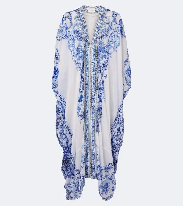 Camilla Embellished Printed Cotton And Silk Kaftan - White