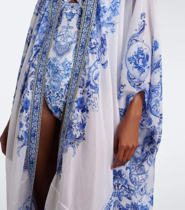 Camilla Embellished Printed Cotton And Silk Kaftan - White