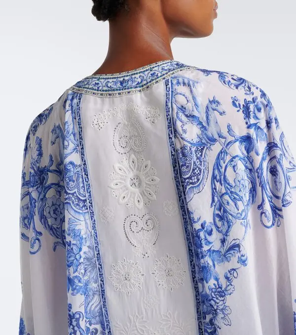 Camilla Embellished Printed Cotton And Silk Kaftan - White