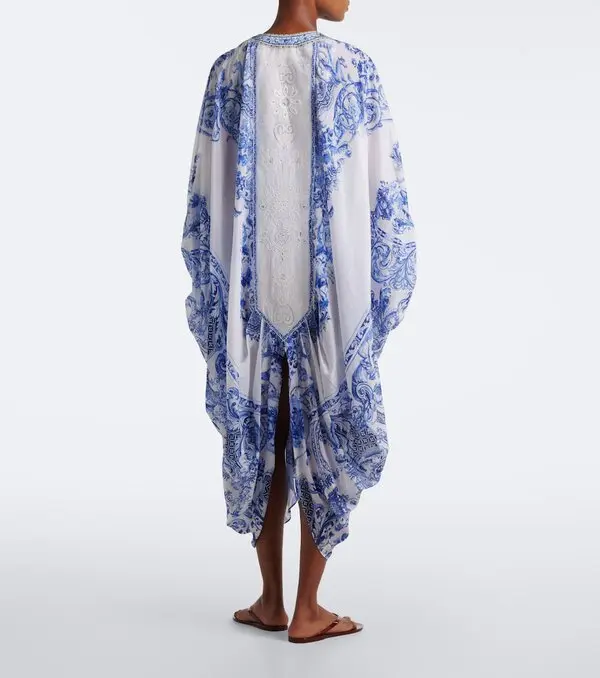 Camilla Embellished Printed Cotton And Silk Kaftan - White