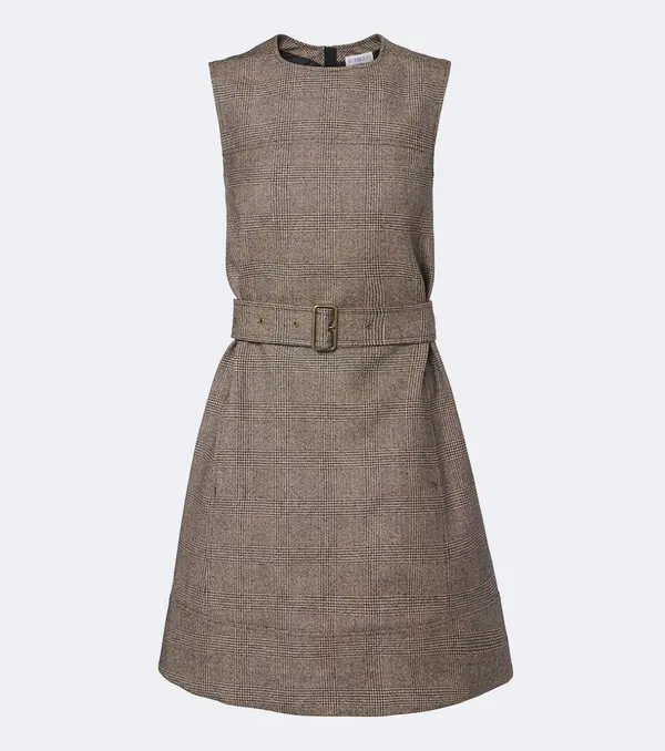 Burberry Belted Checked Wool And Linen-blend Minidress - Beige