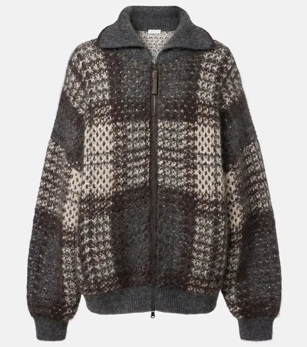 Brunello Cucinelli Checked Mohair Blend Zip-up Cardigan - Grey