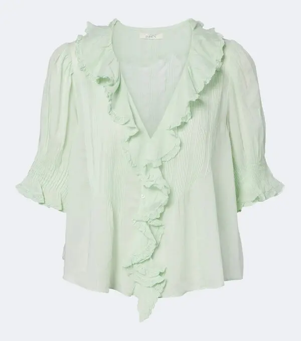 DÔEN Henri Ruffled Organic Cotton Blouse - Green