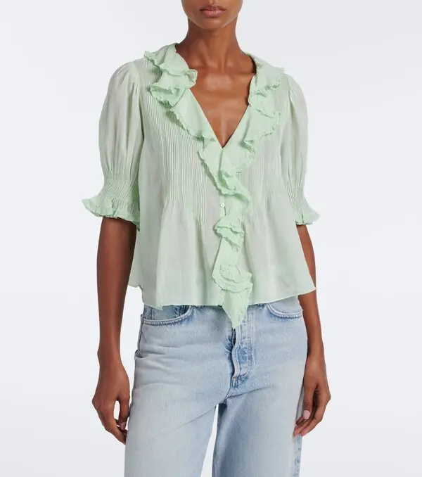 DÔEN Henri Ruffled Organic Cotton Blouse - Green