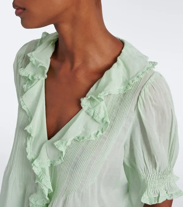 DÔEN Henri Ruffled Organic Cotton Blouse - Green
