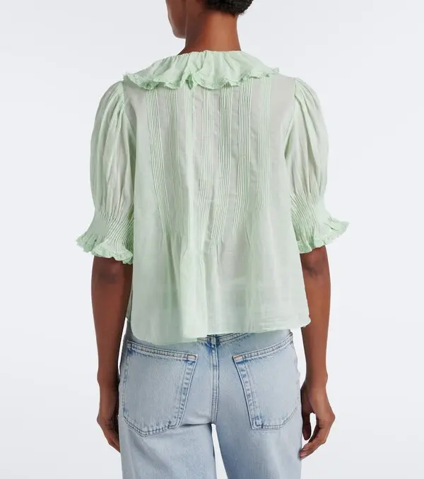 DÔEN Henri Ruffled Organic Cotton Blouse - Green