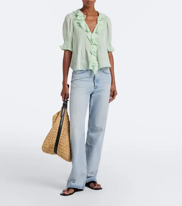 DÔEN Henri Ruffled Organic Cotton Blouse - Green
