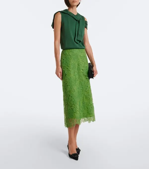 Carolina Herrera Floral Lace Midi Skirt - Green
