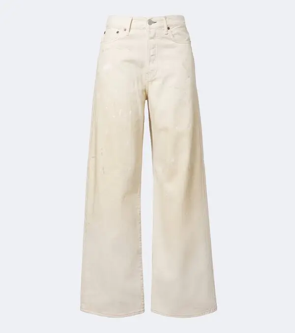 Acne Studios Distressed Leather-trimmed Wide-leg Jeans - White