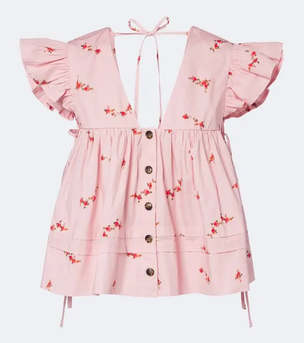 GANNI Floral Cotton-blend Top - Pink