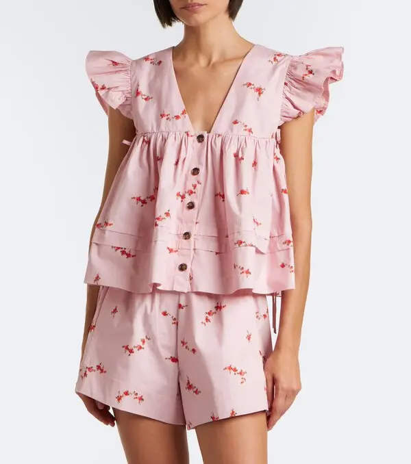 GANNI Floral Cotton-blend Top - Pink