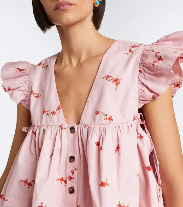 GANNI Floral Cotton-blend Top - Pink