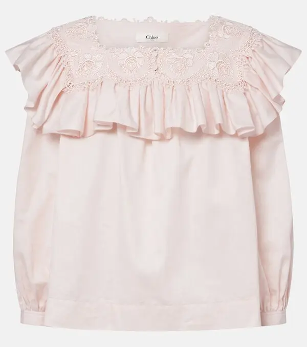 Chloé Ruffled Lace-trimmed Cotton Blouse - Pink