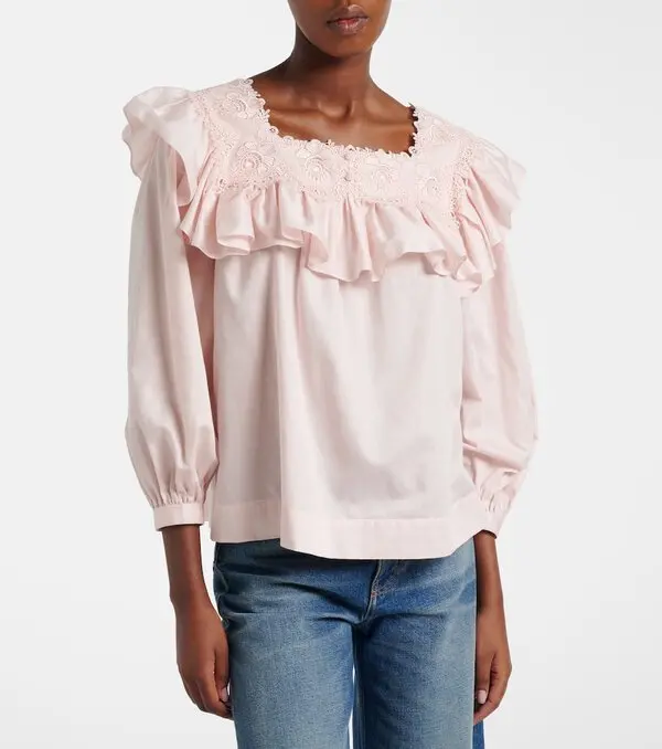 Chloé Ruffled Lace-trimmed Cotton Blouse