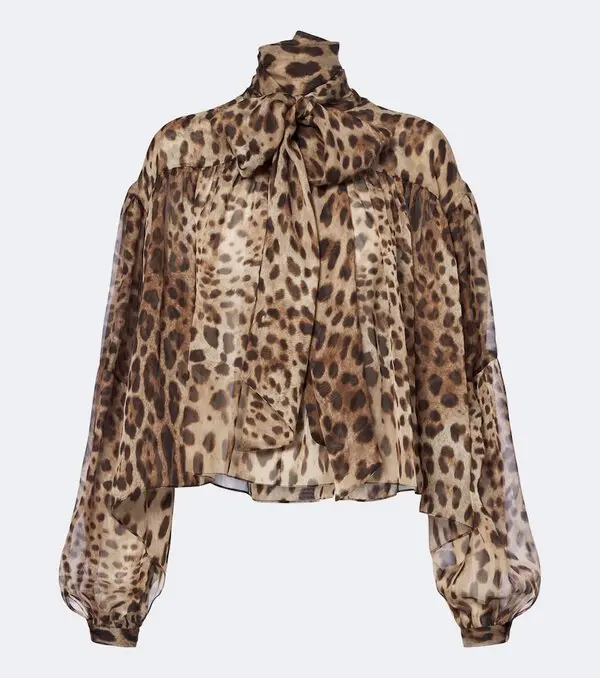 Dolce & Gabbana Leopard-print Tie-neck Silk Blouse - Brown