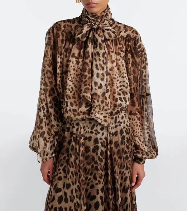 Dolce & Gabbana Leopard-print Tie-neck Silk Blouse