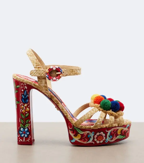 Dolce & Gabbana Woven Platform Sandals With Multicolor Pom-pom Embellishments
