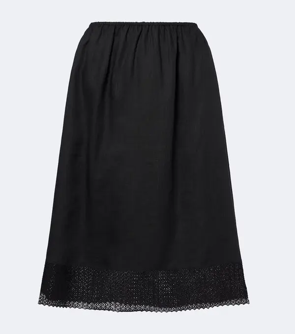 Posse Alfie Embroidered Linen Midi Skirt - Black