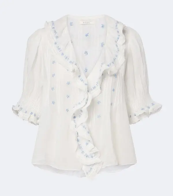 DÔEN Hettie Floral Ruffled Cotton Top - White