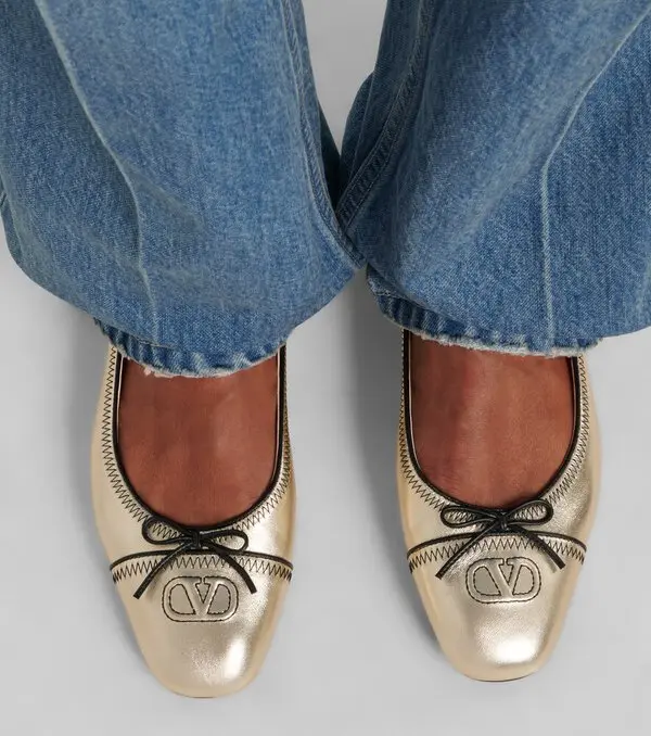 Valentino Garavani Vlogo Embroidered Metallic Leather Ballet Flats - Gold