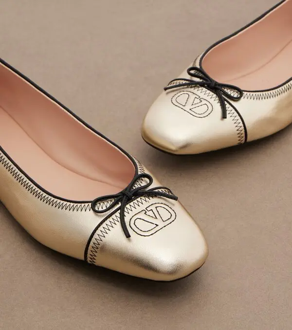 Valentino Garavani Vlogo Embroidered Metallic Leather Ballet Flats - Gold