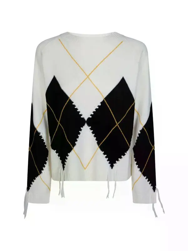 Pinko Argyle-knit Distressed Sweater - White