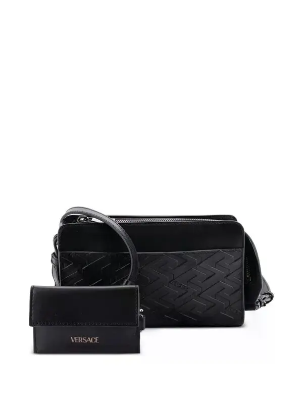 Versace La Greca Embossed Leather Crossbody Bag - Black