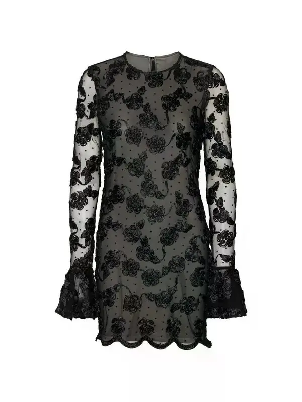 ROTATE BY BIRGER CHRISTENSEN Flower Mesh Long Sleeve Mini Dress - Black