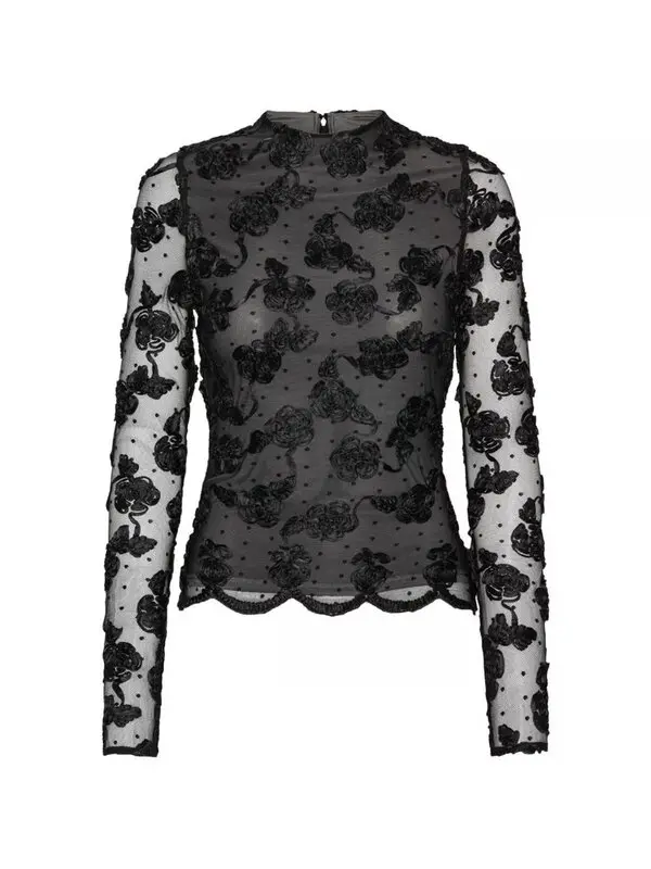 ROTATE BY BIRGER CHRISTENSEN Sheer Floral Appliqué High Neck Long Sleeve Top