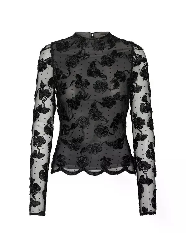 ROTATE BY BIRGER CHRISTENSEN Sheer Floral Appliqué High Neck Long Sleeve Top - Black