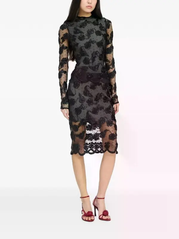 ROTATE BY BIRGER CHRISTENSEN Sheer Floral Appliqué High Neck Long Sleeve Top - Black