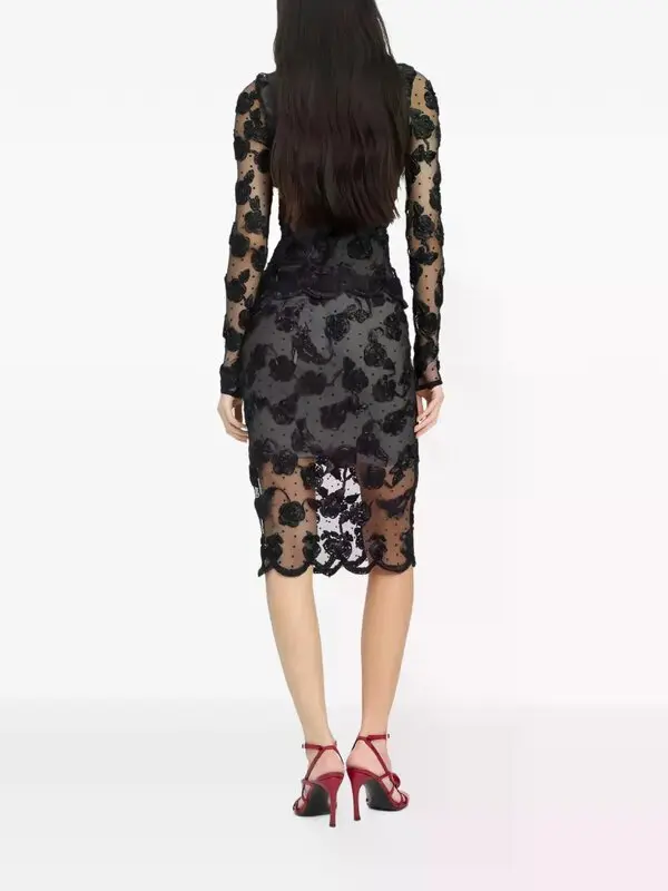 ROTATE BY BIRGER CHRISTENSEN Sheer Floral Appliqué High Neck Long Sleeve Top - Black