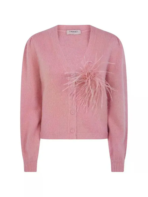 TWINSET Feather-embellished Puffed-sleeve Cardigan