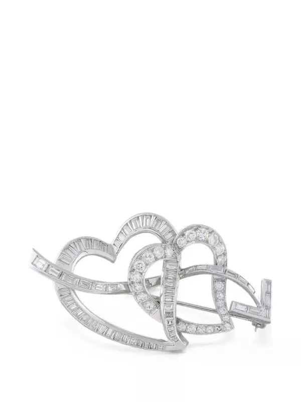 LB EXCLUSIVE Platinum Diamond Interlocking Heart Brooch - Silver