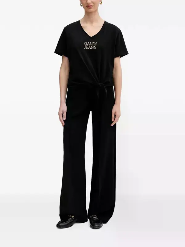 GAUDI Logo Embellished Knot Detail V-neck T-shirt - Black