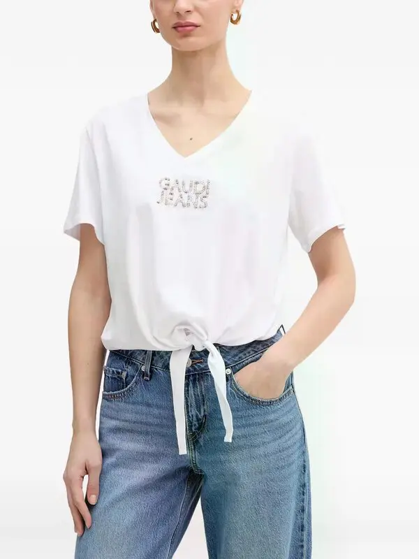 GAUDI Logo Embellished Knot Detail V-neck T-shirt - White