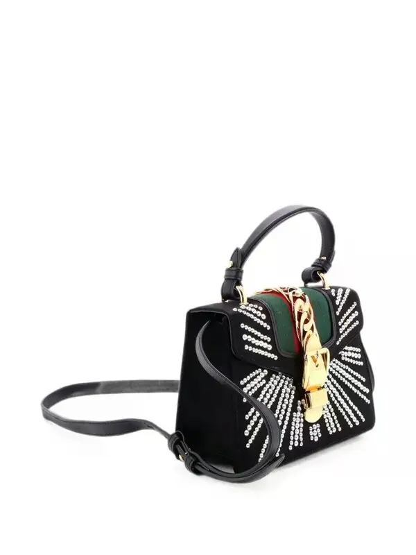Gucci Sylvie Top Handle Bag Crystal Embellished Satin Mini Satchel